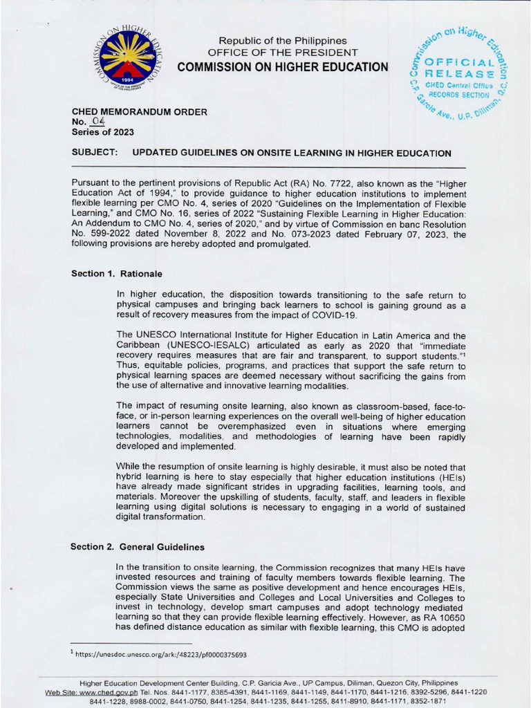 CMO No. 4 S. 2023updated Huidelines On On Site Learning | PDF