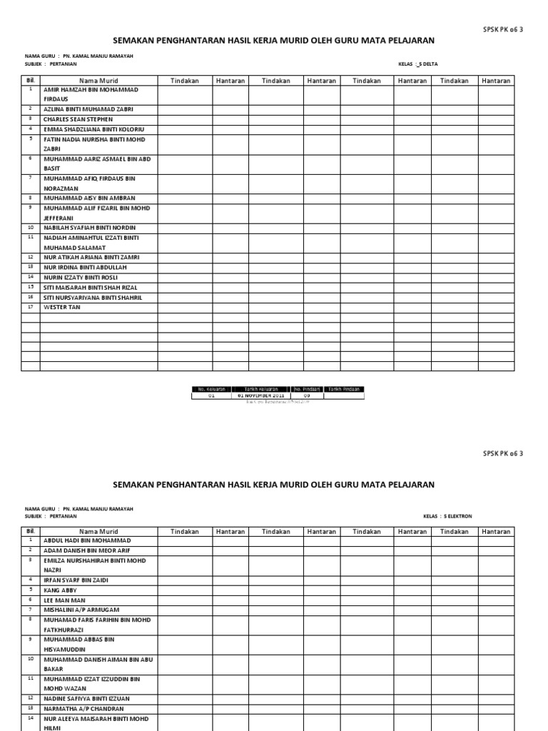 Borang PK 06 3 Semakan Penghantaran Hasil Kerja Murid Oleh Guru | PDF