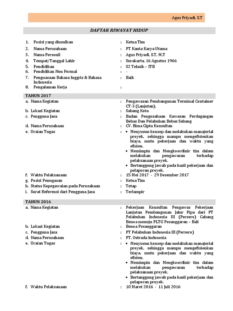 CV Ketua Tim - Agus P | PDF