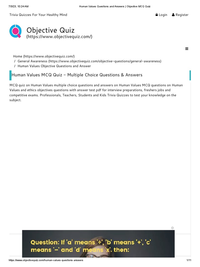 Human Values MCQ Quiz and Answers | PDF | Multiple Choice | Quiz