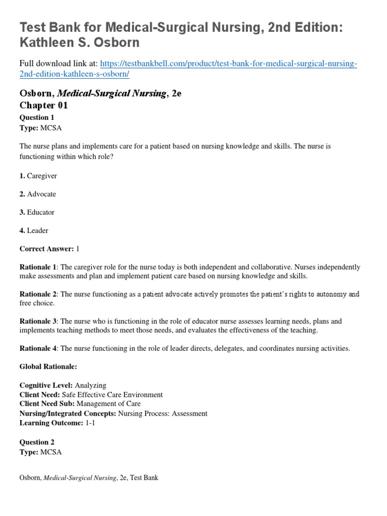 Test Bank For Medical Surgical Nursing 2nd Edition Kathleen S Osborn ... Test Bank For Medical Surgical Nursing 2nd Edition Kathleen S Osborn ...