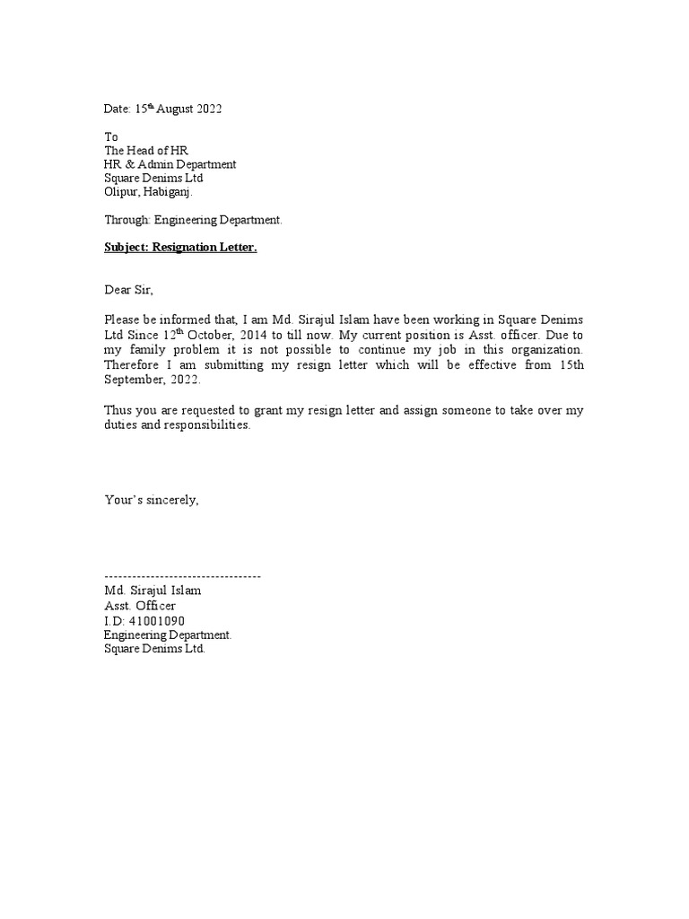 Resignation Letter Format For Family Problem