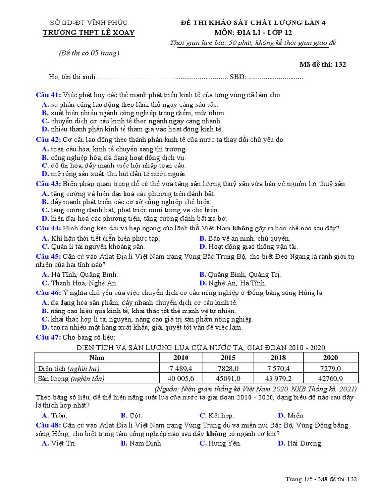 De Thi Thu 2023 Mon Dia Lan 4 Le Xoay Vinh Phuc | PDF