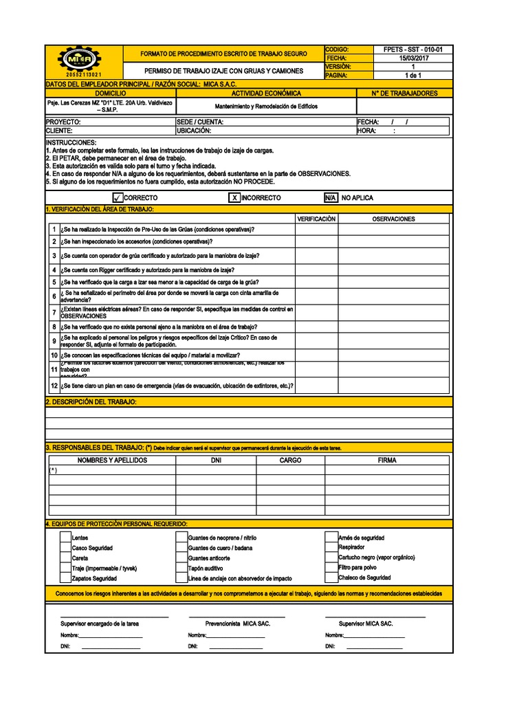 Fpets - SST - 010 - 01 Formato Permiso Trabajo Izaje de Grúas y Camiones | PDF