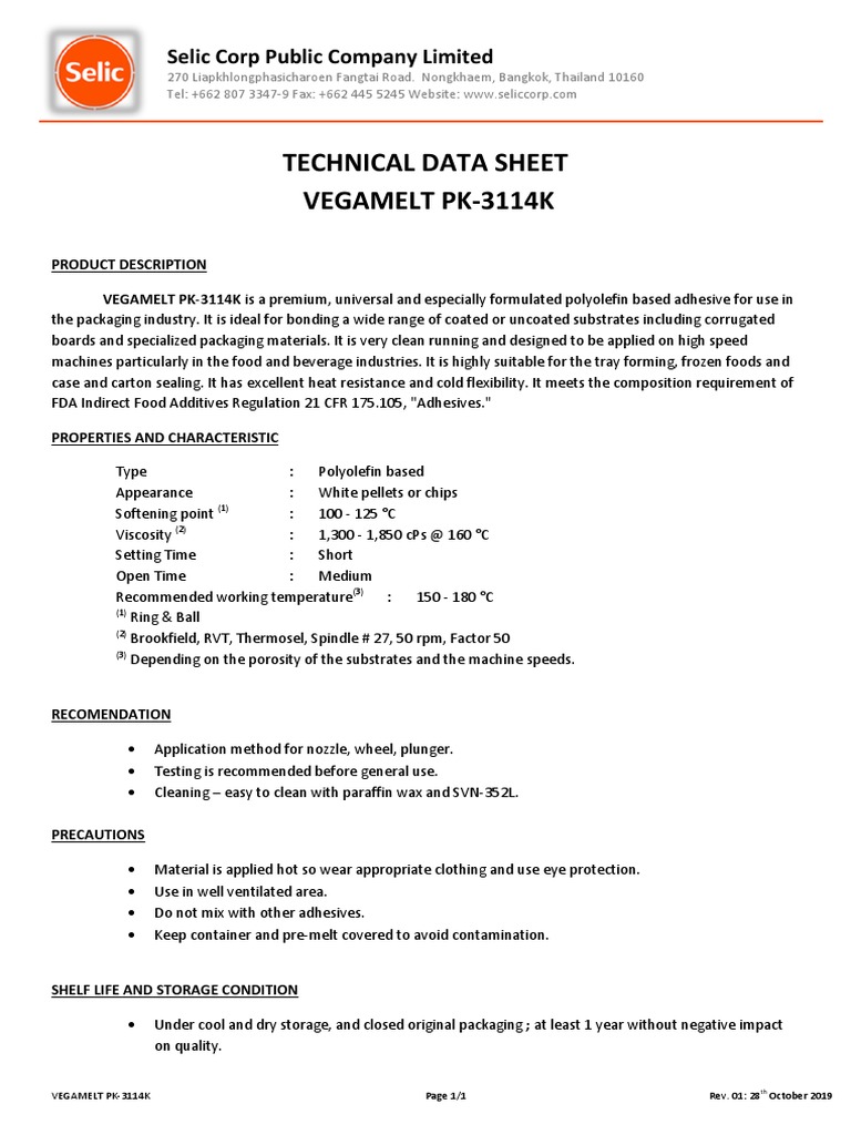 VEGAMELT PK-3114K Adhesive Data Sheet | PDF | Adhesive | Packaging And ...
