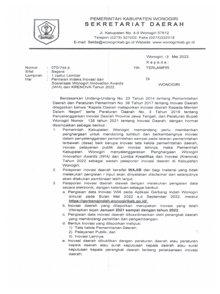 1653451883322-Surat Penilaian Indeks Inovasi Dan Sosialisasi WIA Dan KRENOVA TH 2022 | PDF