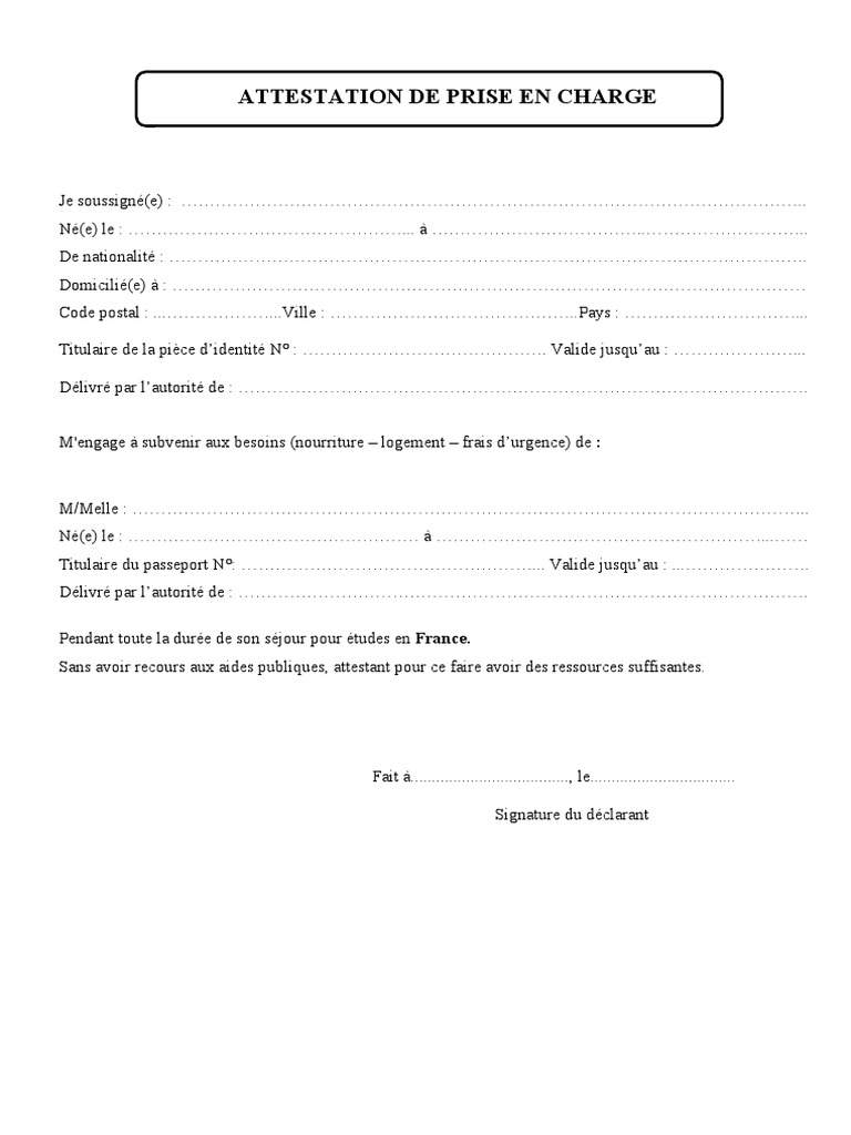 Modèle d’attestation de prise en charge pour visa | attestation de ...