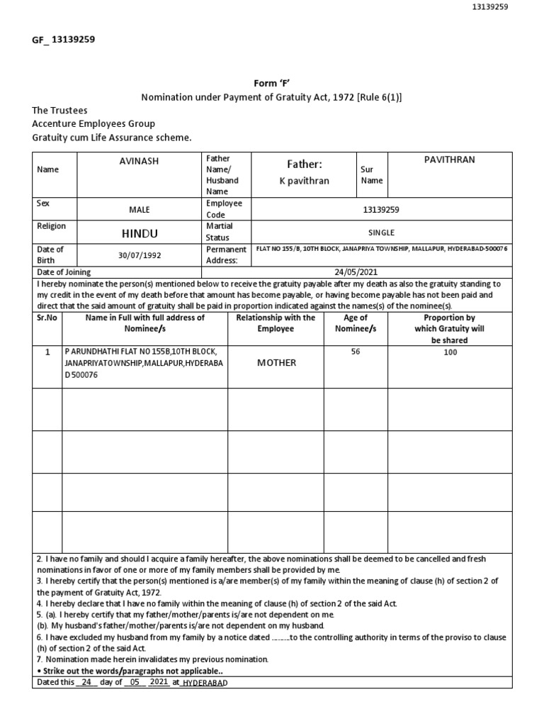 Gratuity Nomination - FORM F | PDF | Justice | Crime & Violence