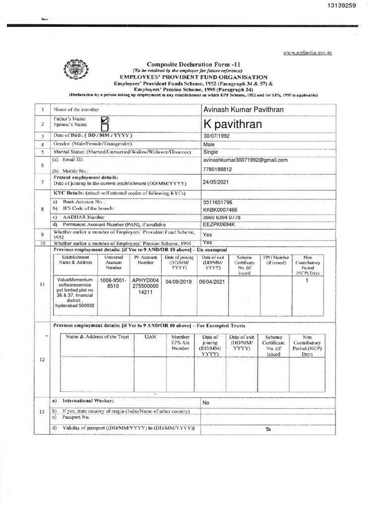 Form 11 - Employees' Provident Fund Organization Composite Declaration ...