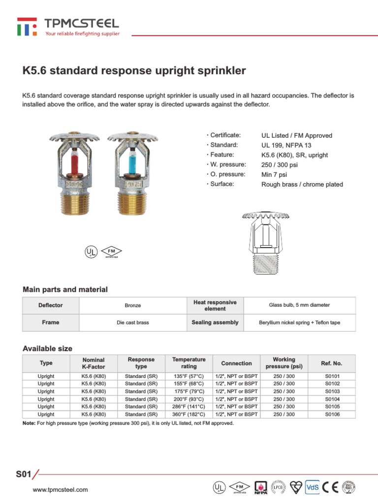 S01 K5.6 Standard Response Upright Sprinkler | PDF | Materials | Building Engineering