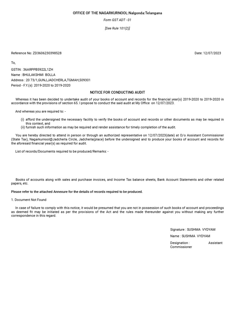 Form GST ADT - 01 | PDF | Audit | Taxation