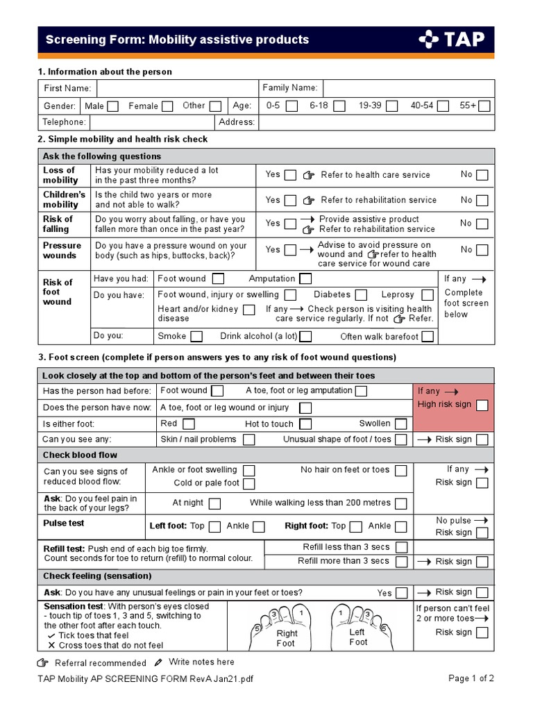 TAP-Mobility-AP-SCREENING-FORM-RevA-Jan21 | PDF | Wound | Prosthesis