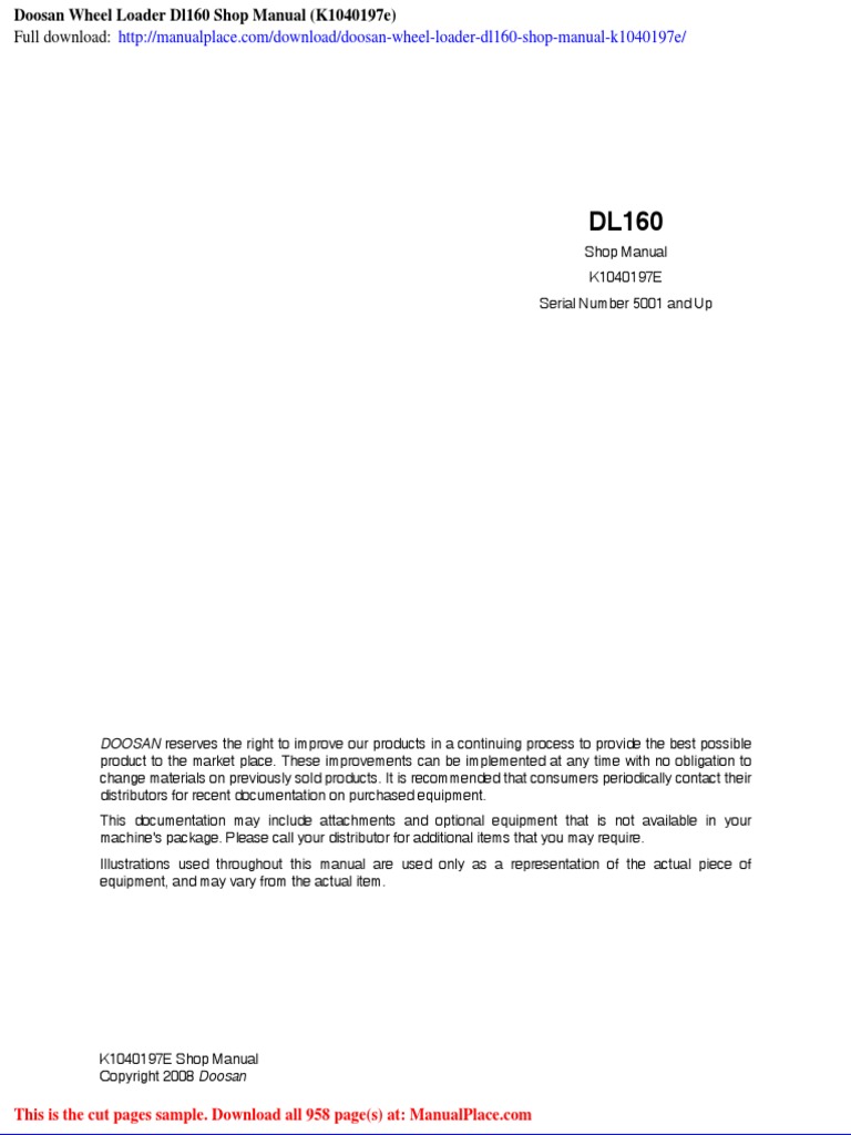 Doosan Wheel Loader Dl160 Shop Manual K1040197e | PDF | Safety | Manual ...