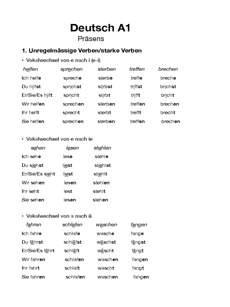 Deutsch A1 Präsens Unregelmässige Verben | PDF