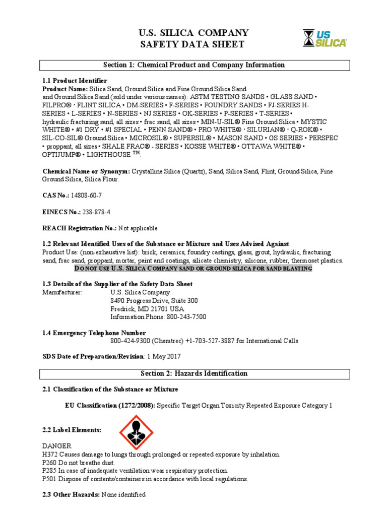 MSDS Silica Sand | PDF | Silicon Dioxide | Toxicity