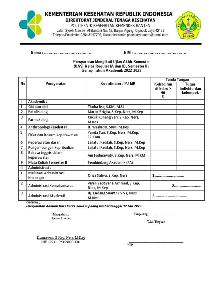 Lembar Persyaratan Uas Tk 1 Genap 2022-2023 | PDF