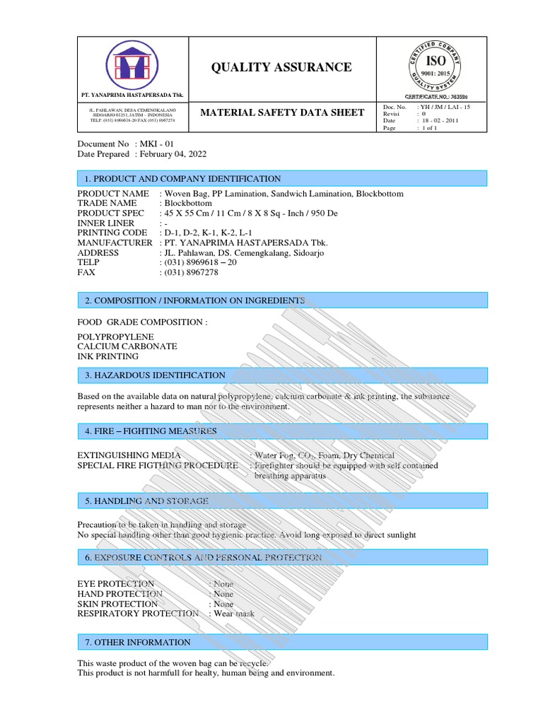 MSDS Packaging - Yanaprima | PDF | Firefighting | Ink
