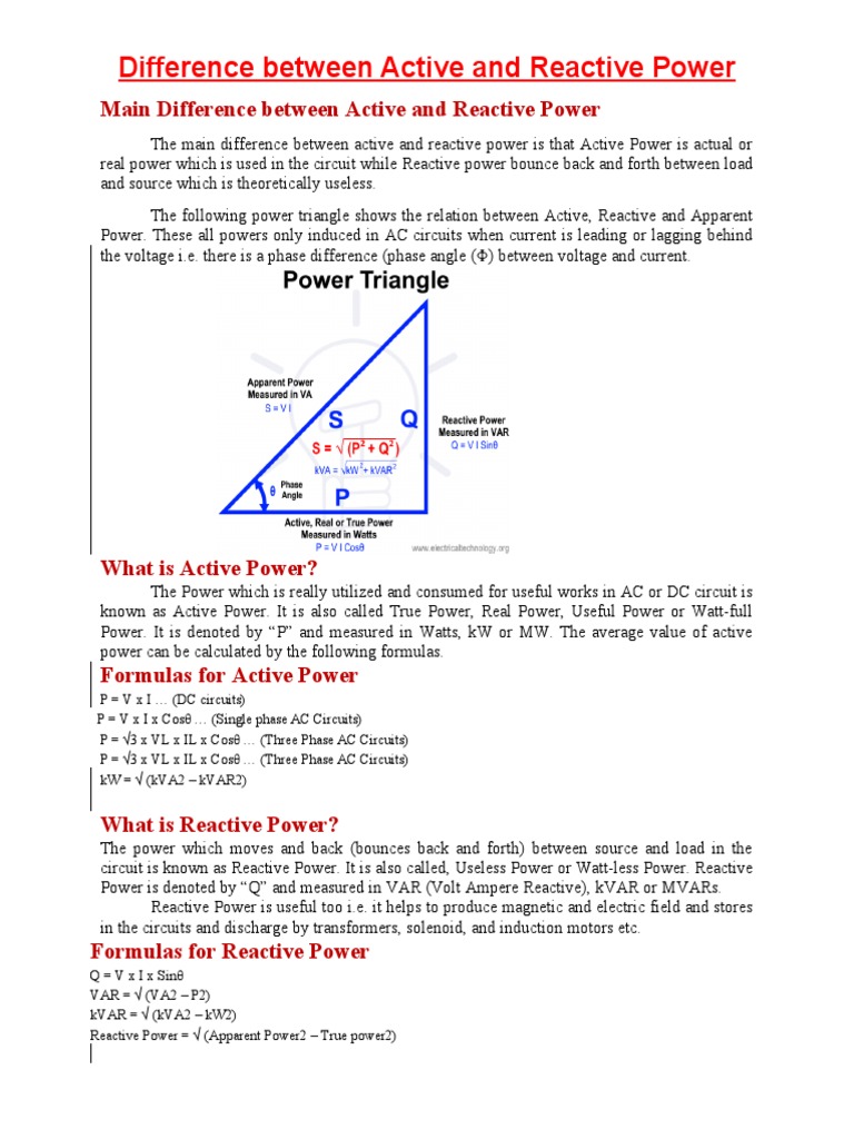 Difference Between Active and Reactive Power | PDF | Ac Power ...