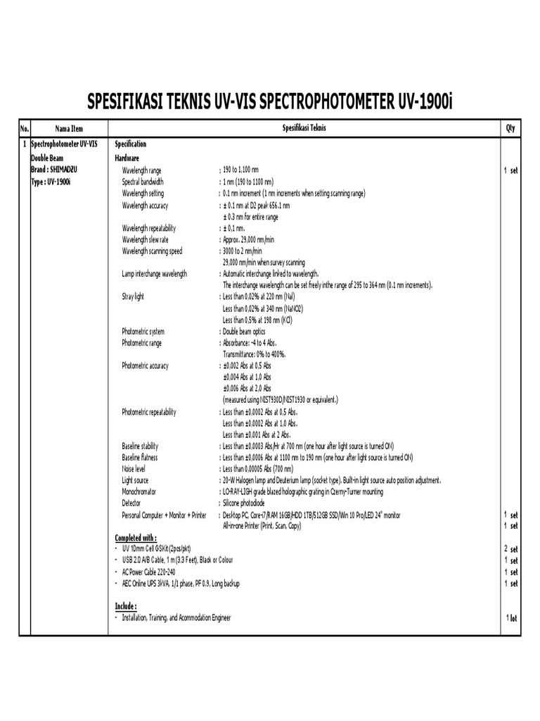Spesifikasi Teknis UV-Vis Spectrophotometer UV-1900i_Ver | PDF ...