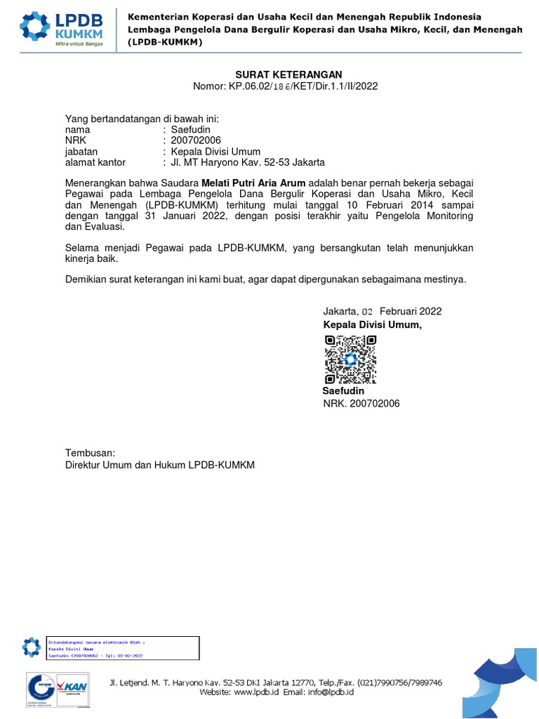 KP.06.02 186-Ket-Dir.1.1-I-2022 Surat Ket Selesai Bekerja An. Melati Putri Aria Arum | PDF