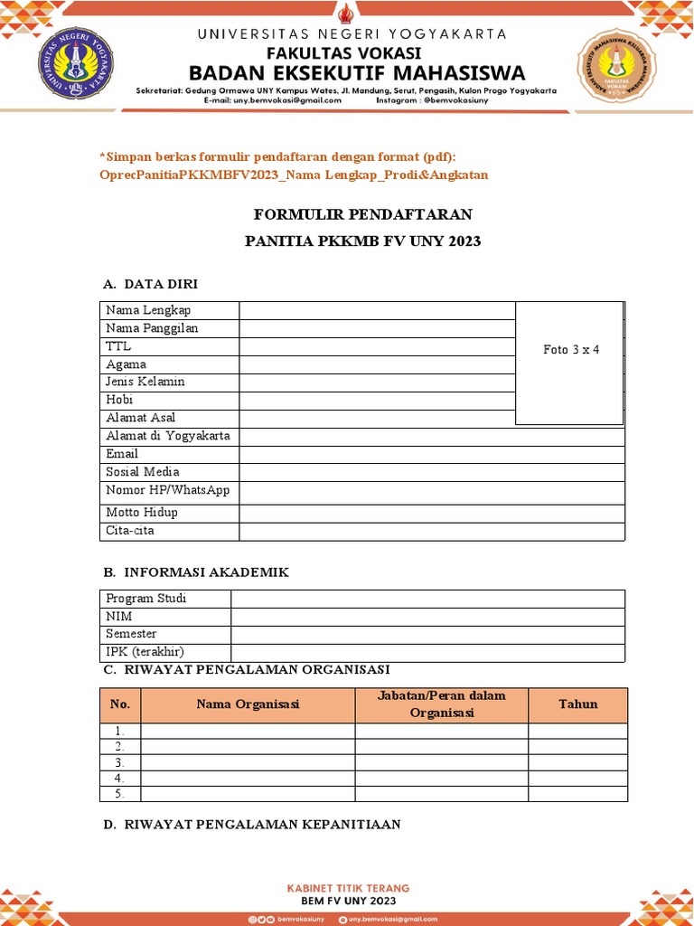 Formulir Pendaftaran Panitia PKKMB FV 2023 | PDF