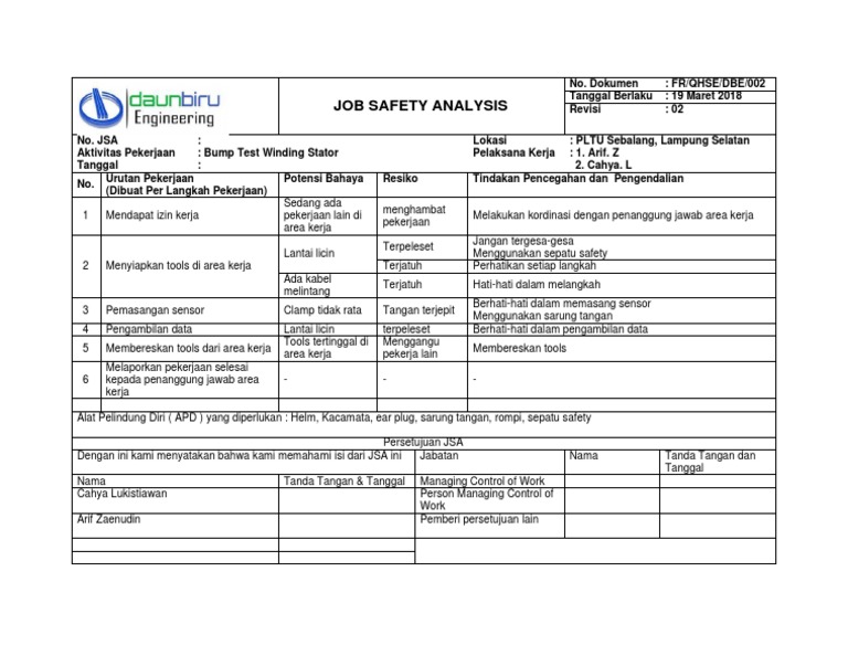 JSA Bump Test PLTU Sebalang | PDF