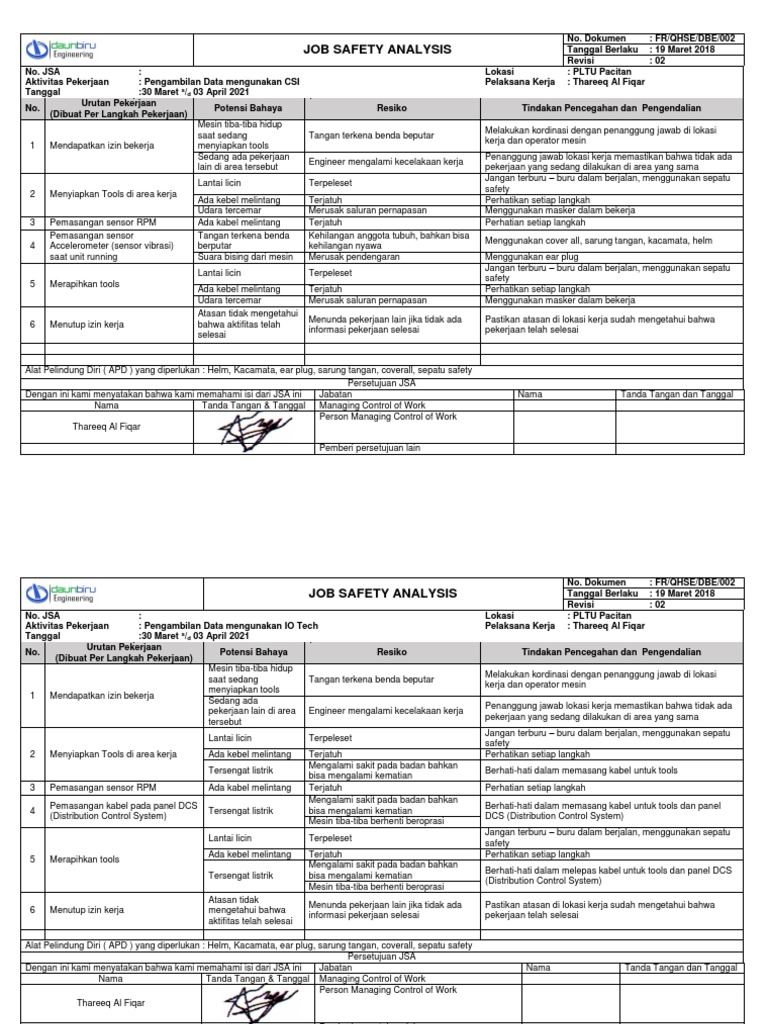 2021-03-30 JSA Pengambilan Data Vibrasi Di PLTU Pacitan | PDF