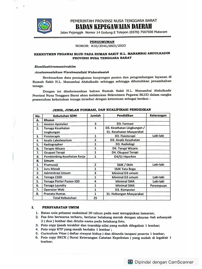 Surat Pengumuman Rekrutmen Pegawai Blud Rsma 2023 | PDF