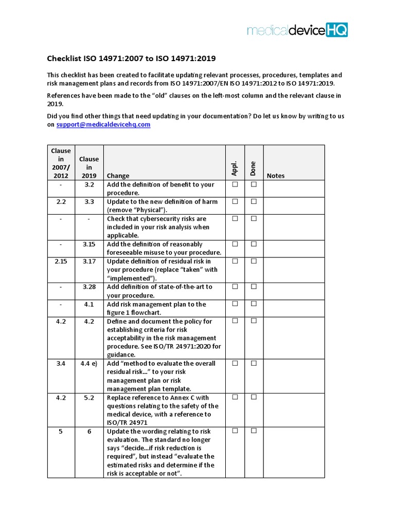 Free Checklist ISO 14971 - 2007 To ISO 14971 - 2019 Website Version REV 20200212 | PDF | Risk ...