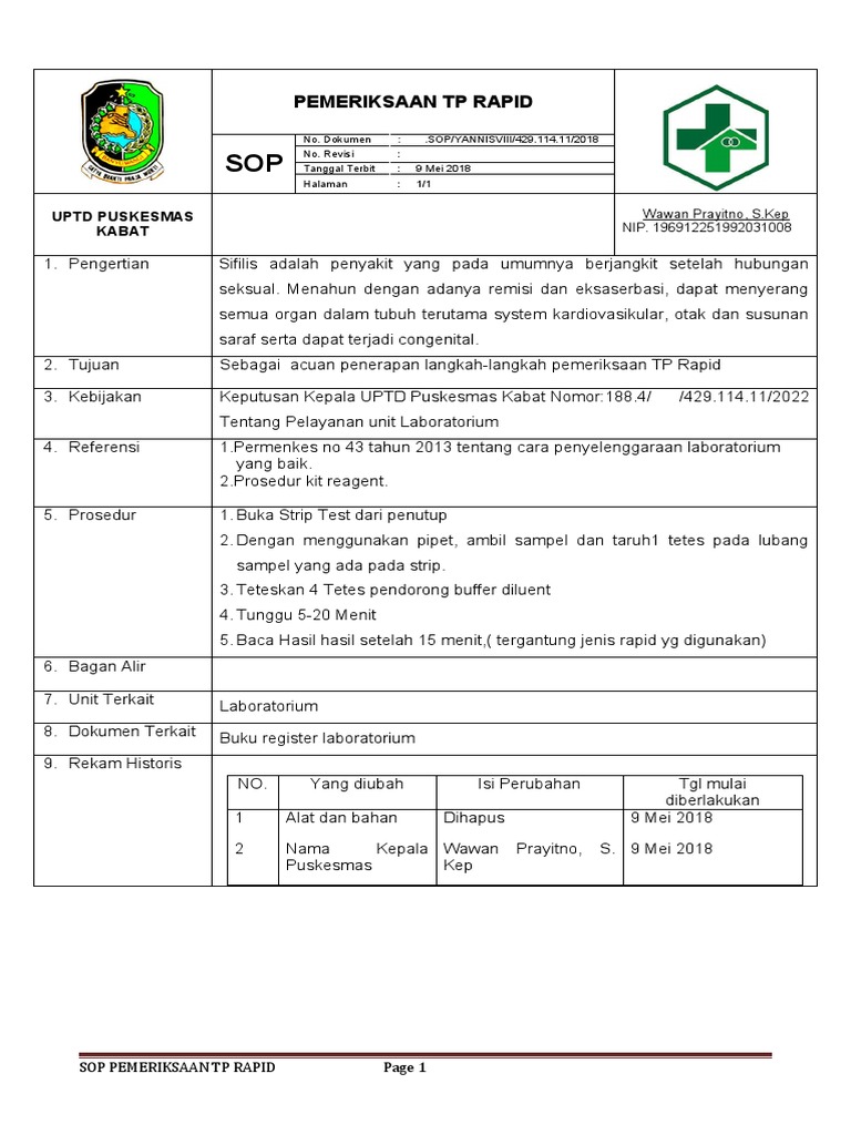 Sop Pemeriksaan TP Rapid | PDF