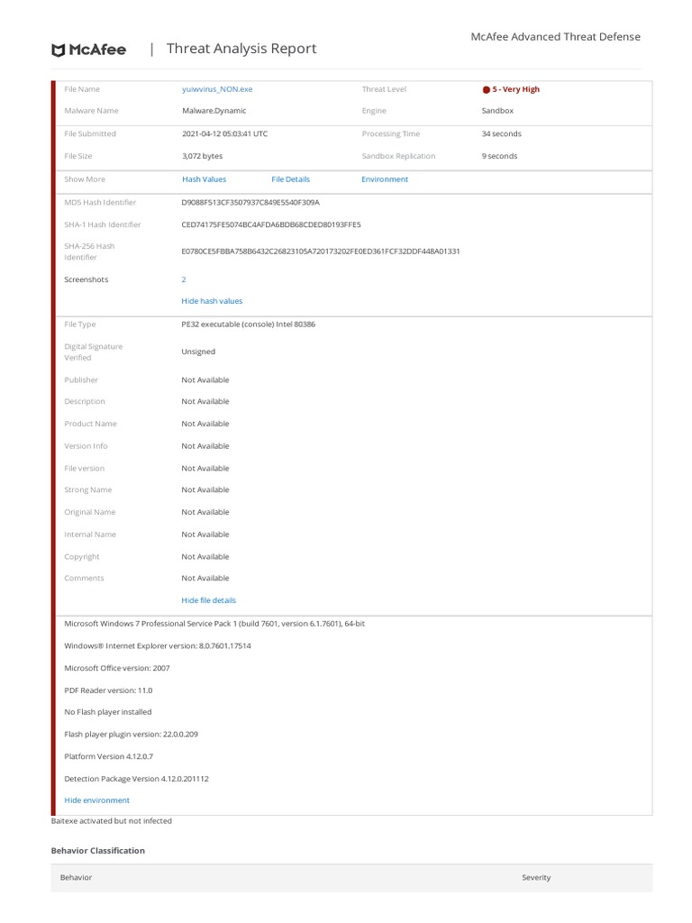 Threat Analysis Report: Hash Values File Details Environment | PDF | Malware | Antivirus Software