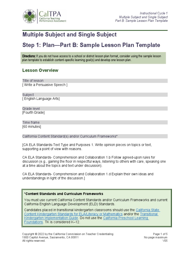 CAL TPA Step 1 Plan B Lesson Planning | Download Free PDF | Lesson Plan ...