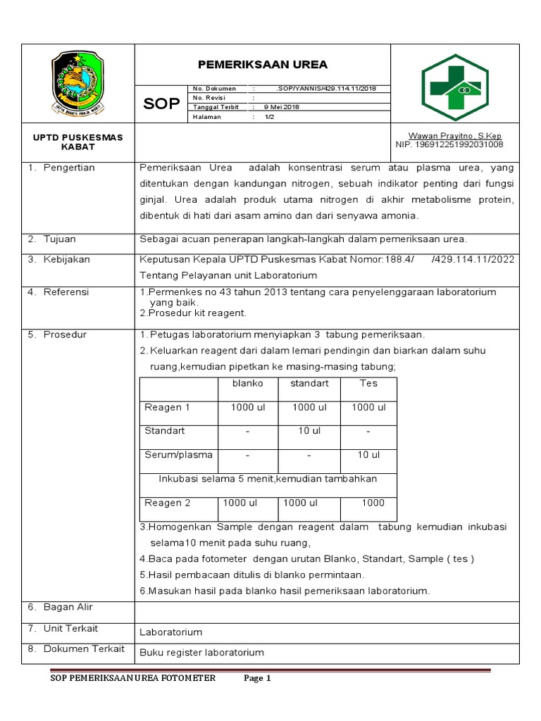Sop Pemeriksaan Urea | PDF