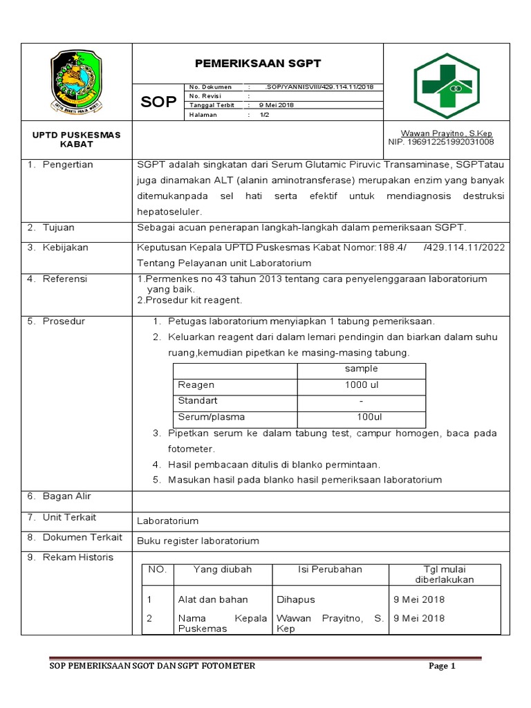 SOP PEMERIKSAAN SGPT | PDF