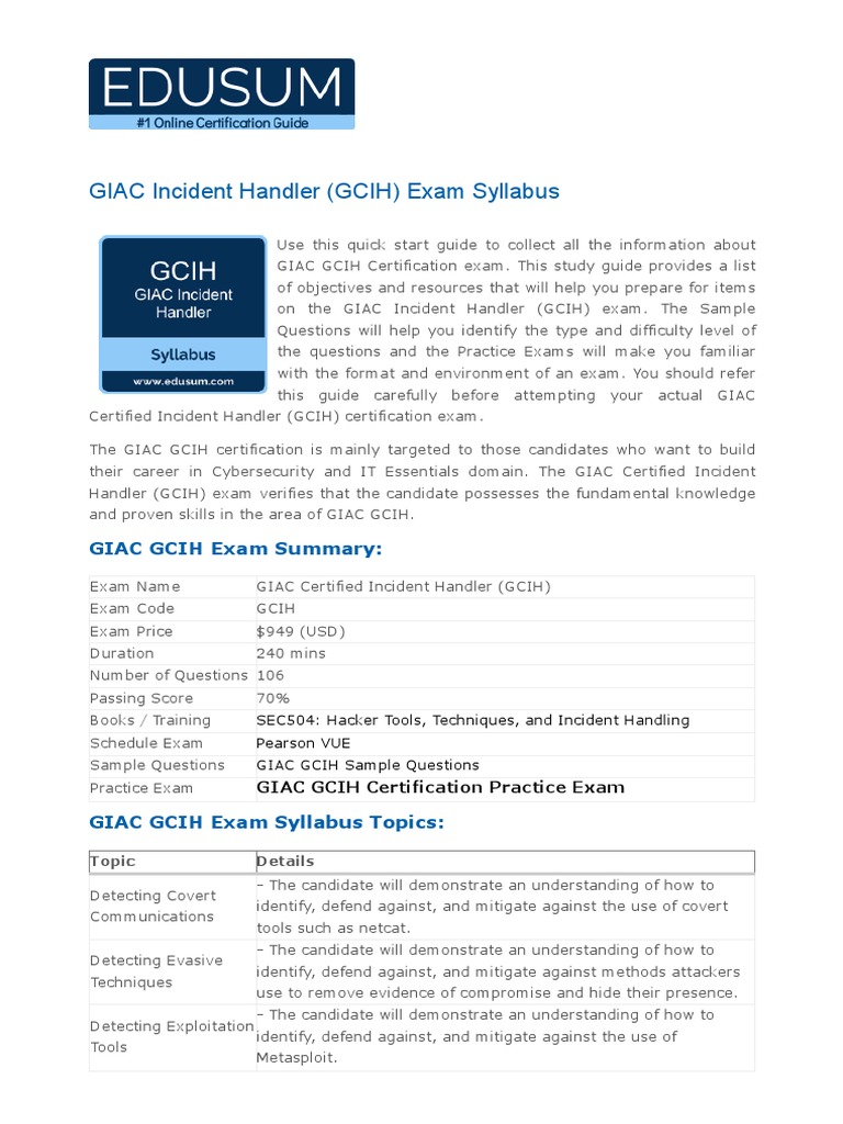 GIAC GCIH Certification Syllabus and Prep Guide - EDUSUM - EDUSUM | PDF ...