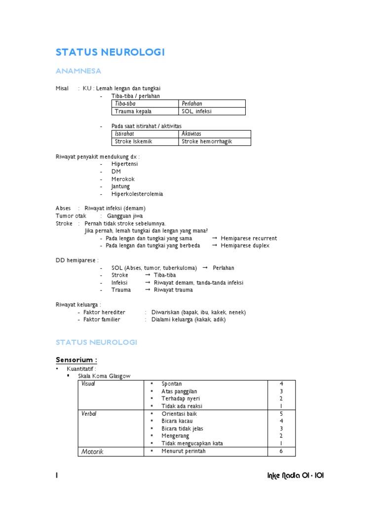 Status Neurologi: Anamnesa | PDF