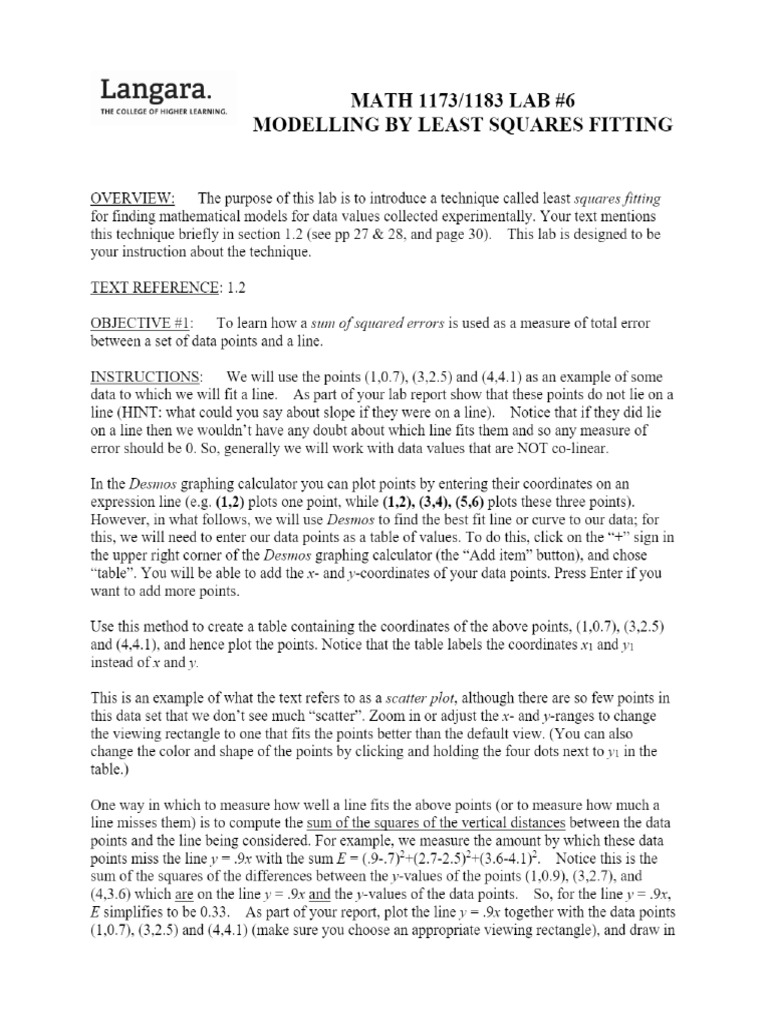 Lab06.least Squares Fitting Shortened - Desmos - MATH-1173-001 - Calculus I With Computer Expl | PDF