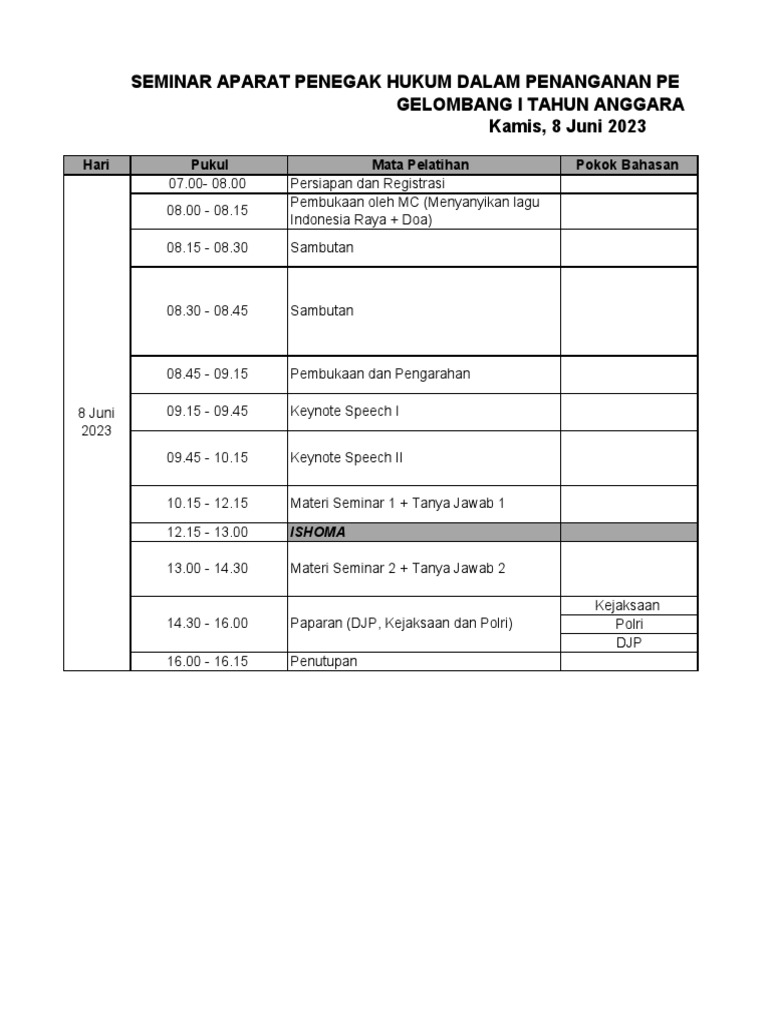 Rundown Seminar APH Gelombang I Tahun 2023 | PDF