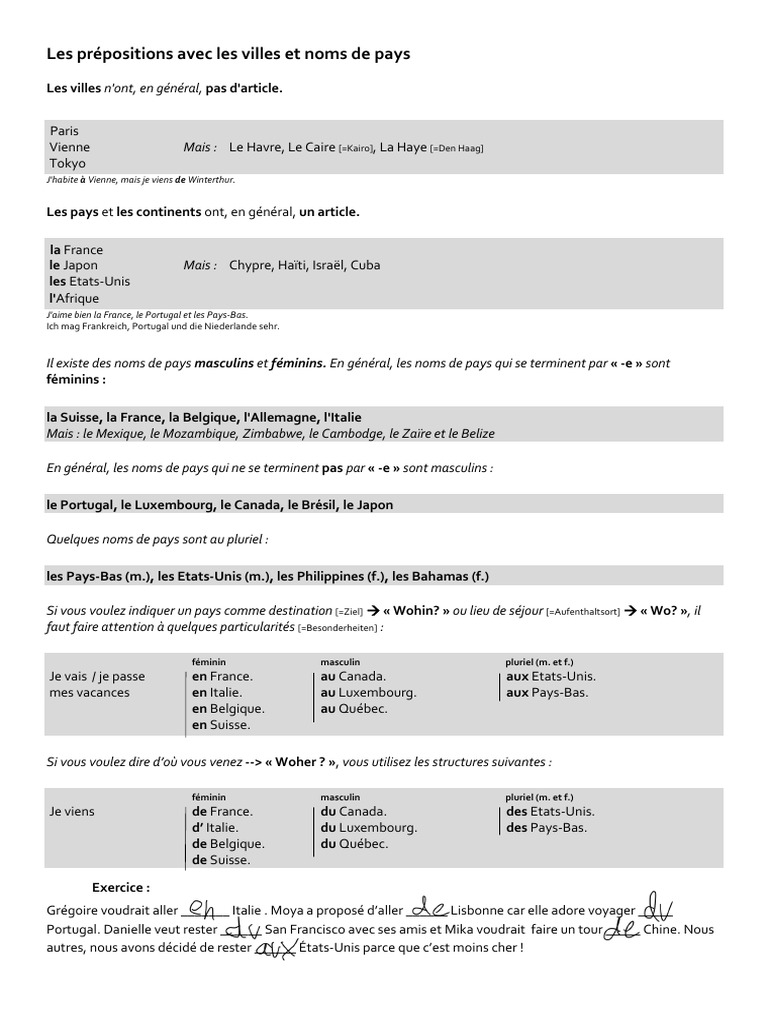 01 Les prépositions avec les villes et noms de pays | PDF
