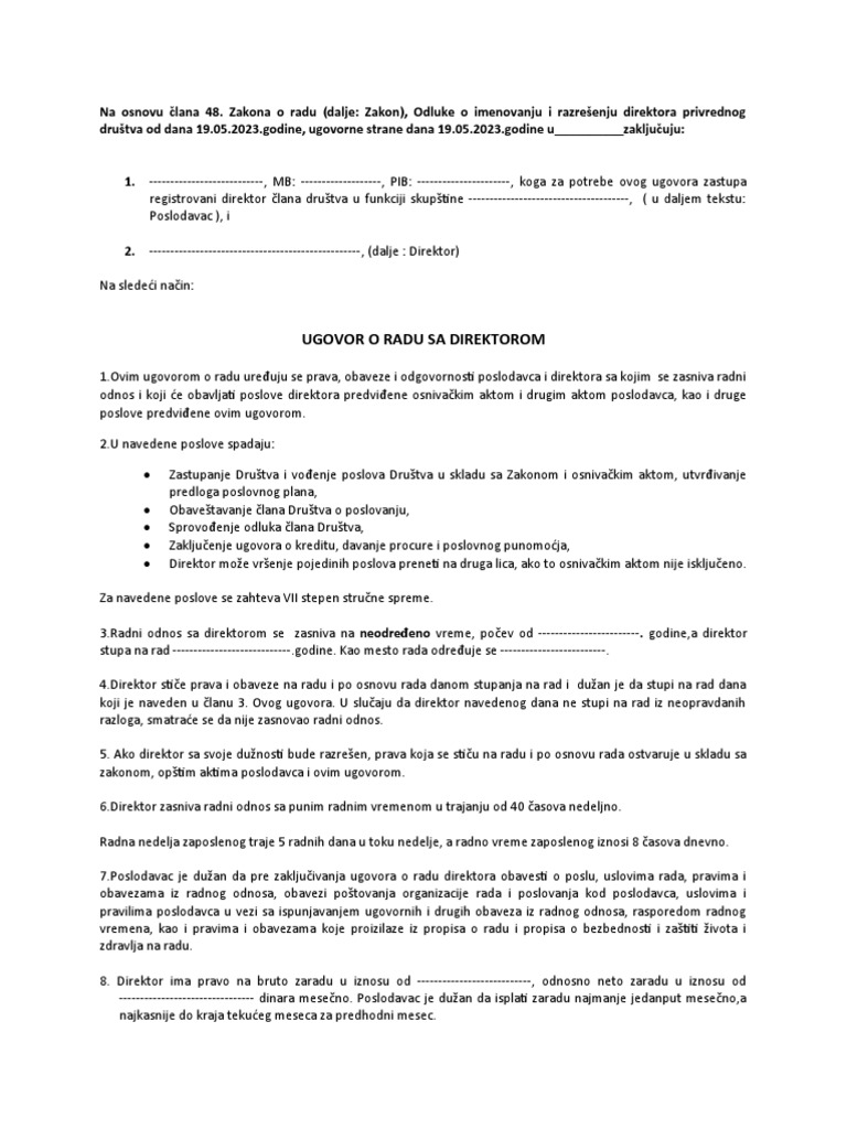 Ugovor o Radu-Sa Direktorom | PDF