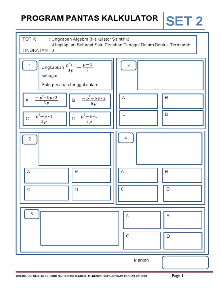 Form 3-Ungkapan Algebra SET 2 (Ungkapkan Sebagai Satu Pecahan Tunggal ...