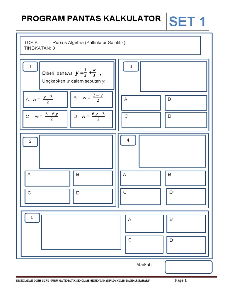 Form 3-Rumus Algebra SET 1(Ungkapkan a Dalam Sebuatan b) | PDF