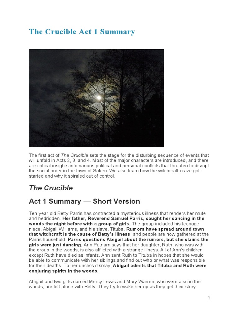 The Crucible Act 1 Summary | PDF | Witch Hunting | Witch Trials