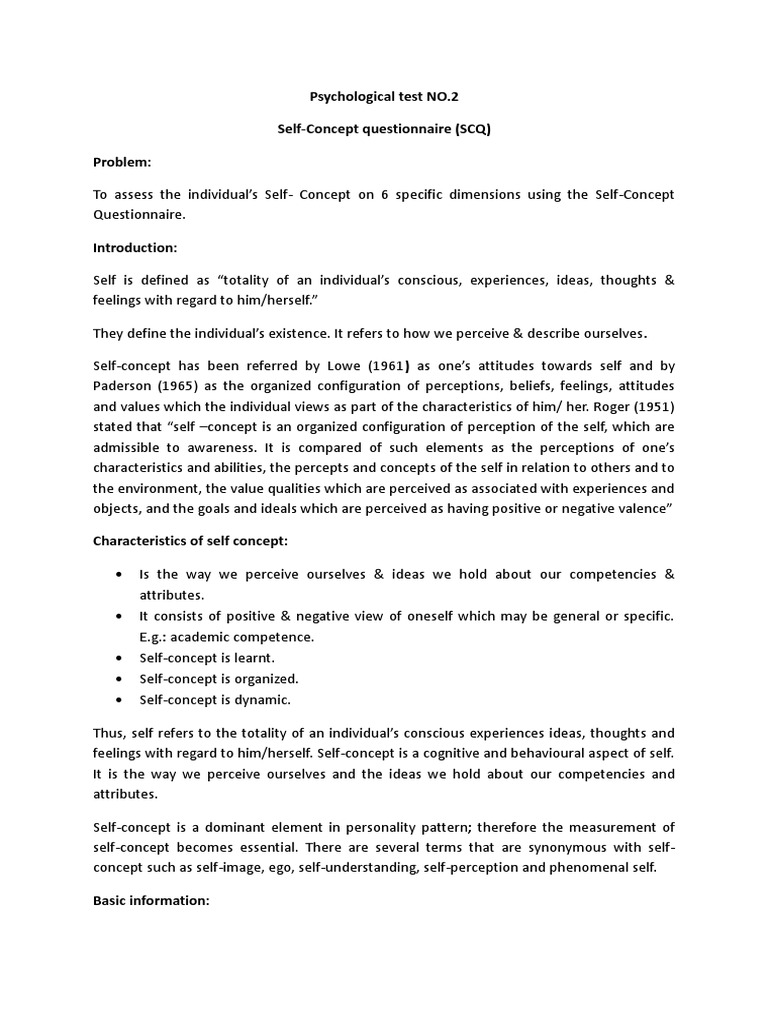 Psychological Test NO.2 Self-Concept Questionnaire (SCQ) Problem | PDF ...