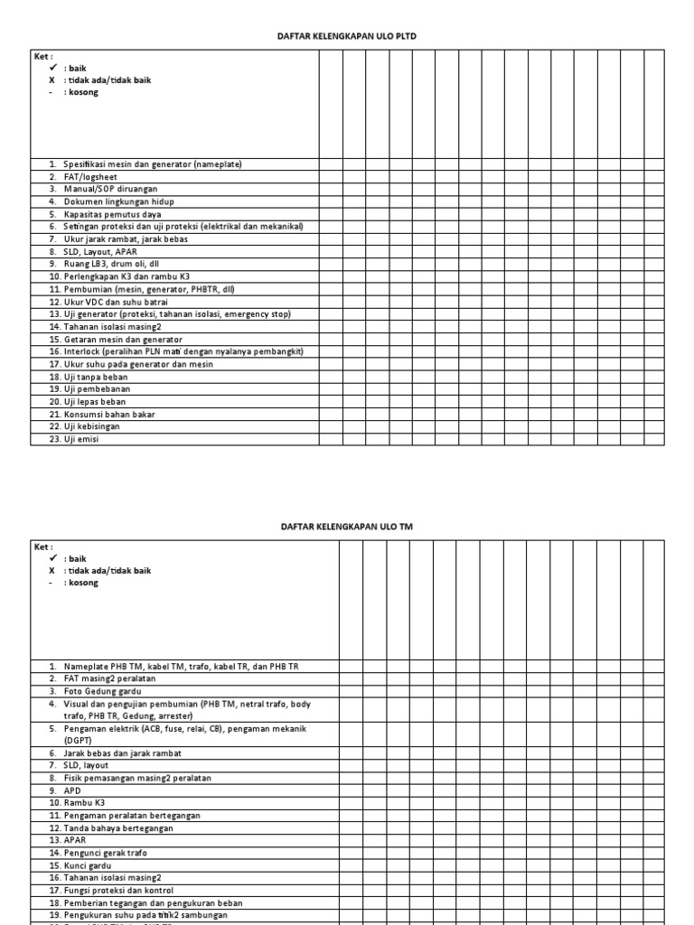 Checklist Kelengkapan ULO PLTD & TM | PDF
