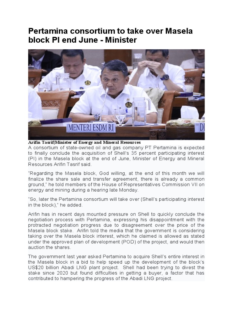 Pertamina Consortium To Take Over Masela Block PI End June - Minister | PDF