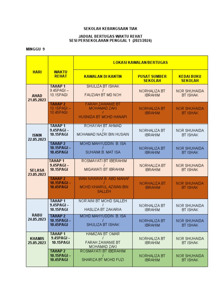 Jadual Waktu Rehat Sekolah Tiak 2023 | PDF