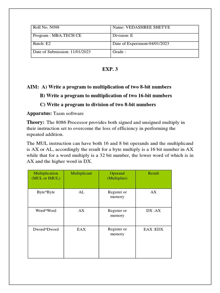 N098 - MM - Exp 3 | PDF | Division (Mathematics) | Multiplication