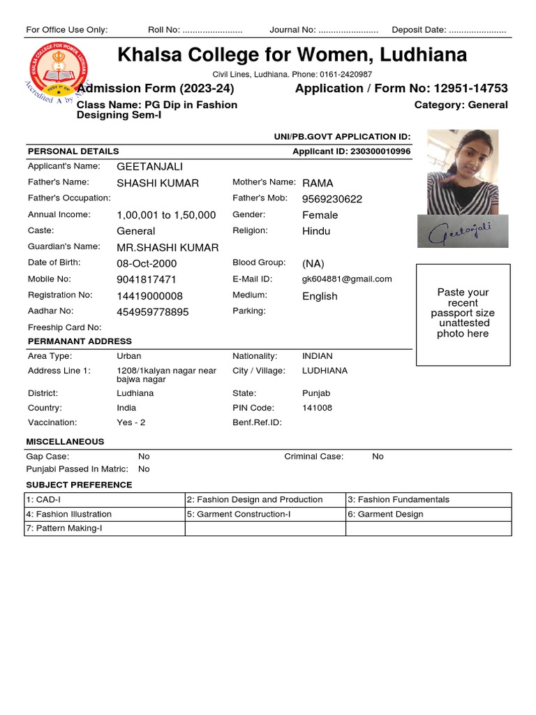 Khalsa College For Women, Ludhiana: Admission Form (2023-24) Application / Form No: 12951-14753 ...