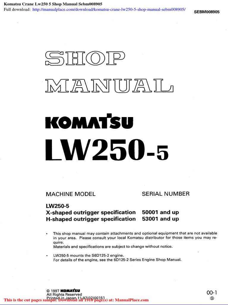 Komatsu Crane Lw250 5 Shop Manual Sebm008905 | PDF